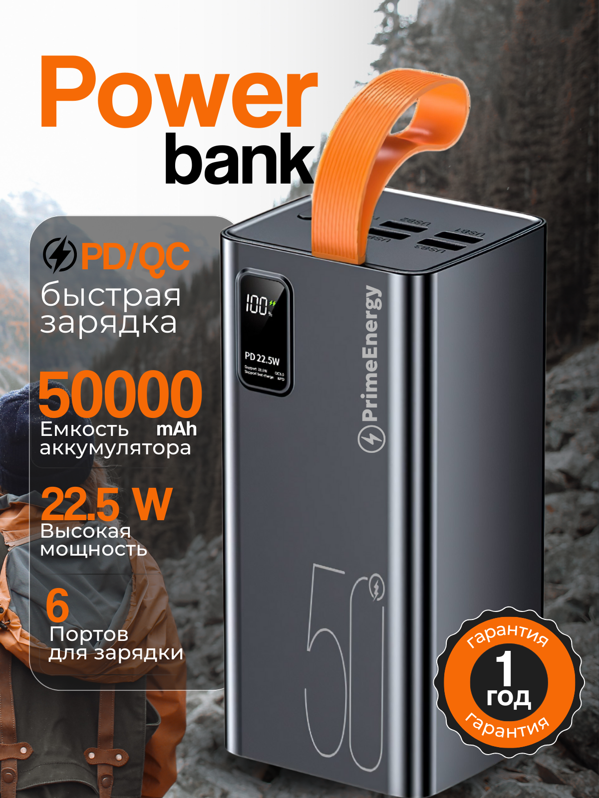Повербанк Powerbank 50000mah с быстрой зарядкой, внешний аккумулятор для телефона iPhone, Xiaomi, Samsung, черный