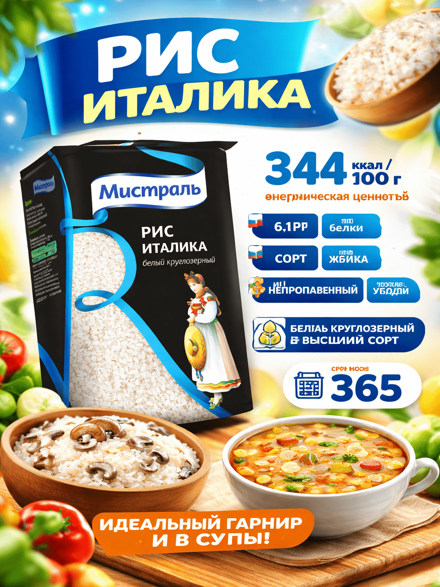 Крупа рис Мистраль Италика круглозерный, 500г