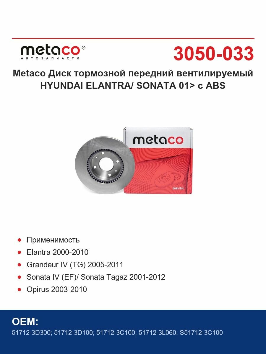 Metaco Диски тормозные передний вентилируемый HYUNDAI ELANTRA/ SONATA 01> c ABS