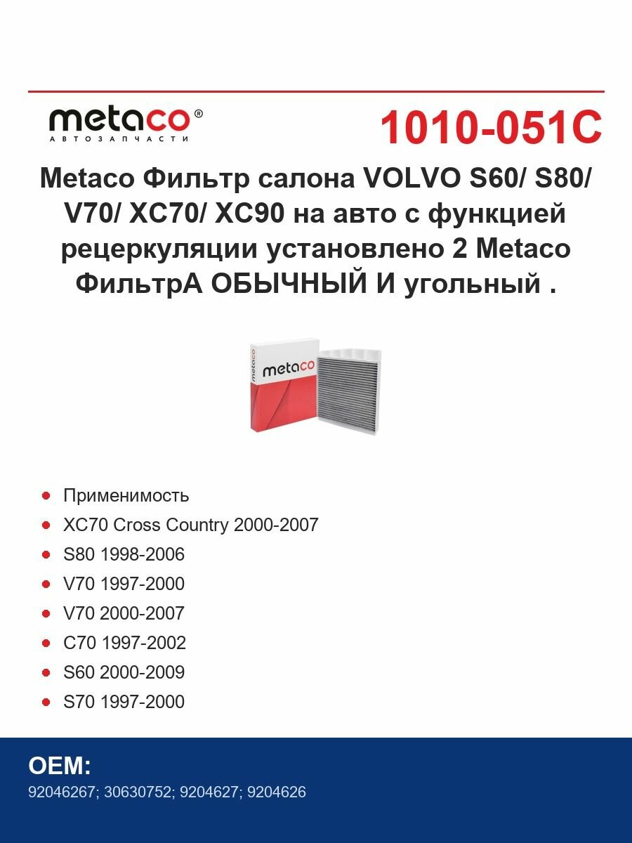Metaco Фильтр салона VOLVO S60/ S80/ V70/ XC70/ XC90 на авто с функцией рецеркуляции установлено 2 Metaco ФильтрА обычный И угольный .