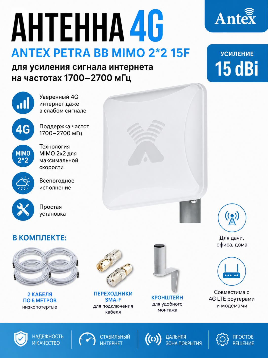 4G антенна Antex Petra BB MIMO 2*2 15f для усиления сигнала интернета частот 1700-2700мГц +кабель+переходники SMA-F
