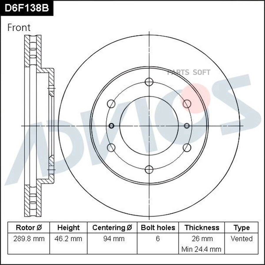 Диск тормозной пер. ADVICS от официального дистрибьютора, ADVICS, артикул D6F138B