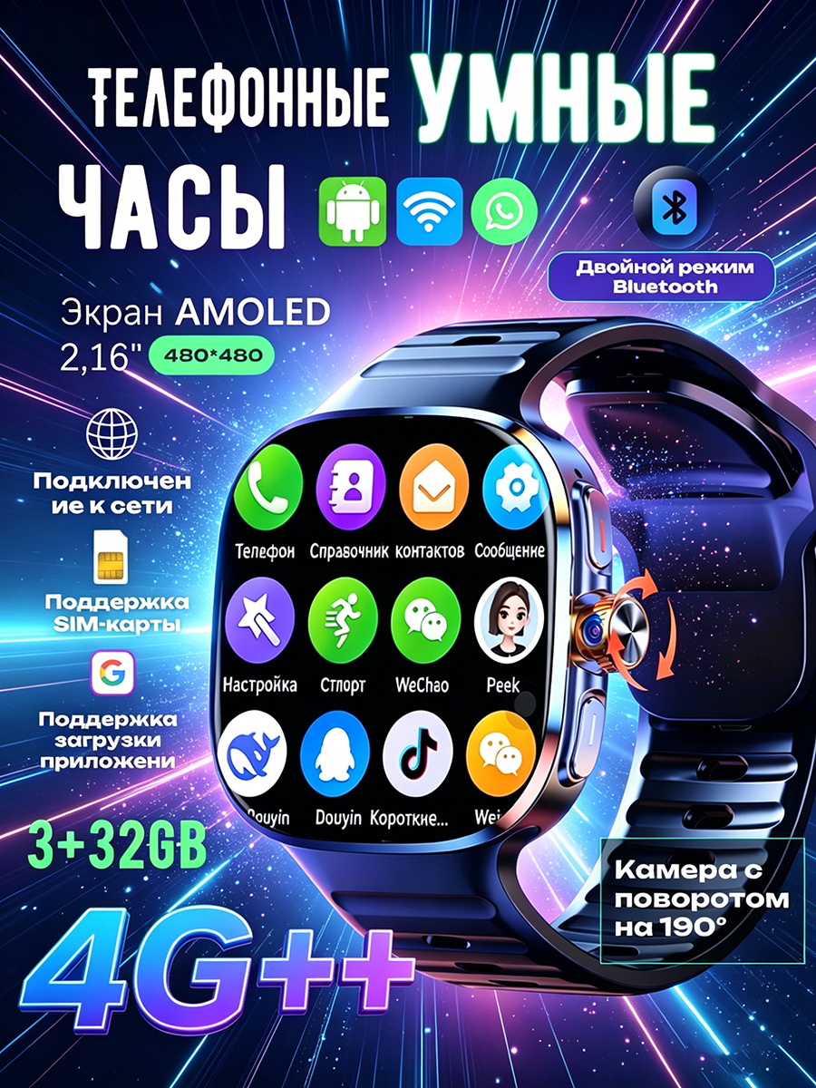 Смарт часы мужские с камерой и сим , GPS, WIFI, Amoled экран, Загрузка Google APP
