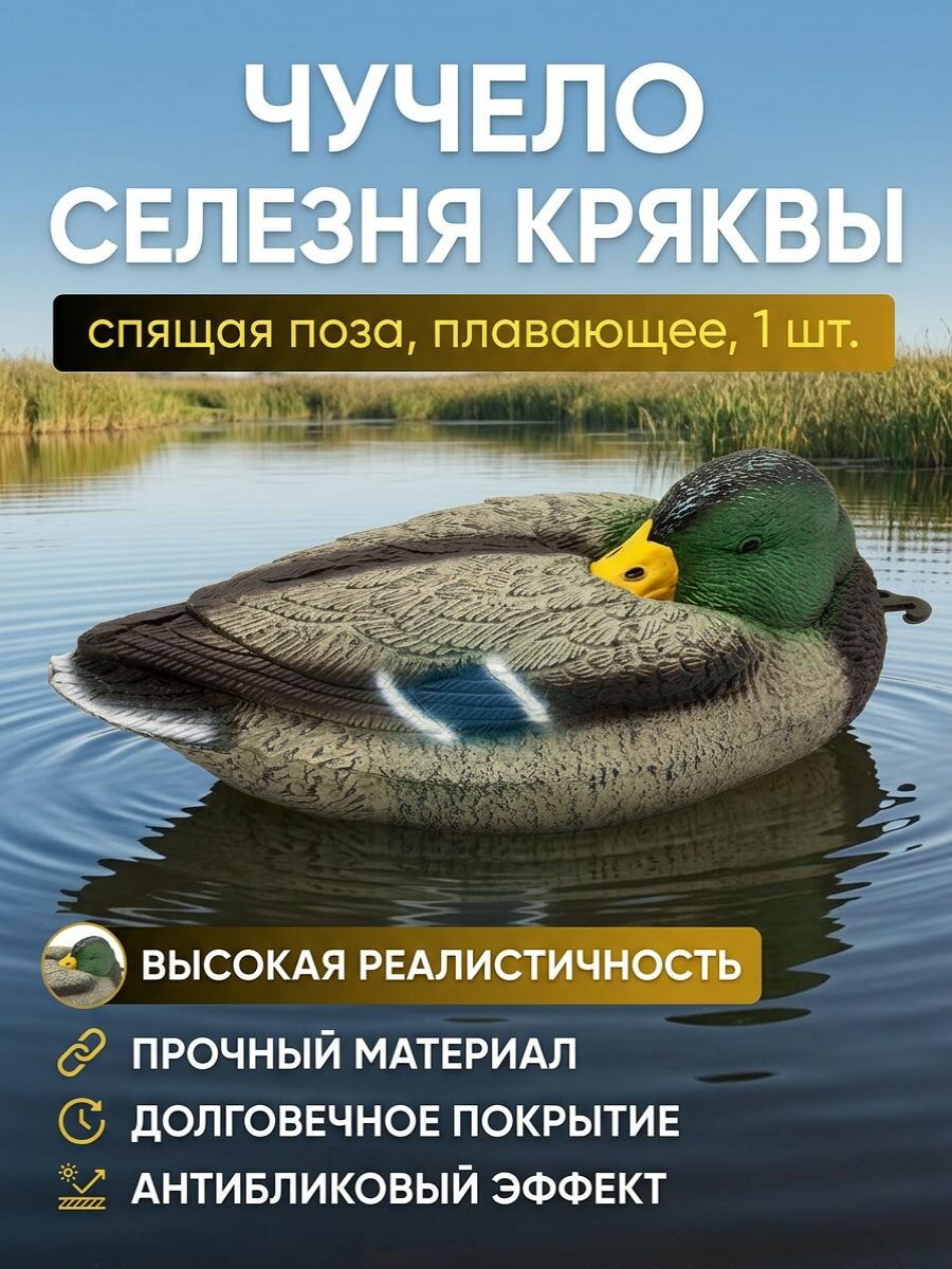 Чучело подсадное селезня кряквы в спящей позе - плавающее, реалистичное, 1 шт