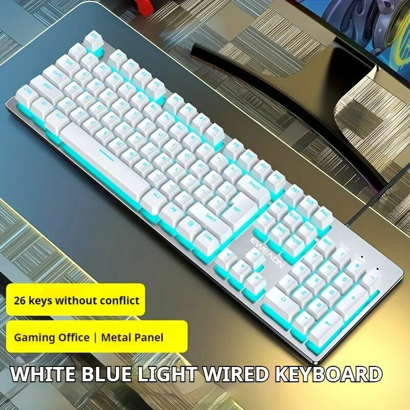 EWEADN Ergonomic Gaming Keyboard - 104 клавиши, Бесшумные, с RGB-подсветкой, Цельнометаллическая панель, USB-кабель для ПК и ноутбуков, Windows
