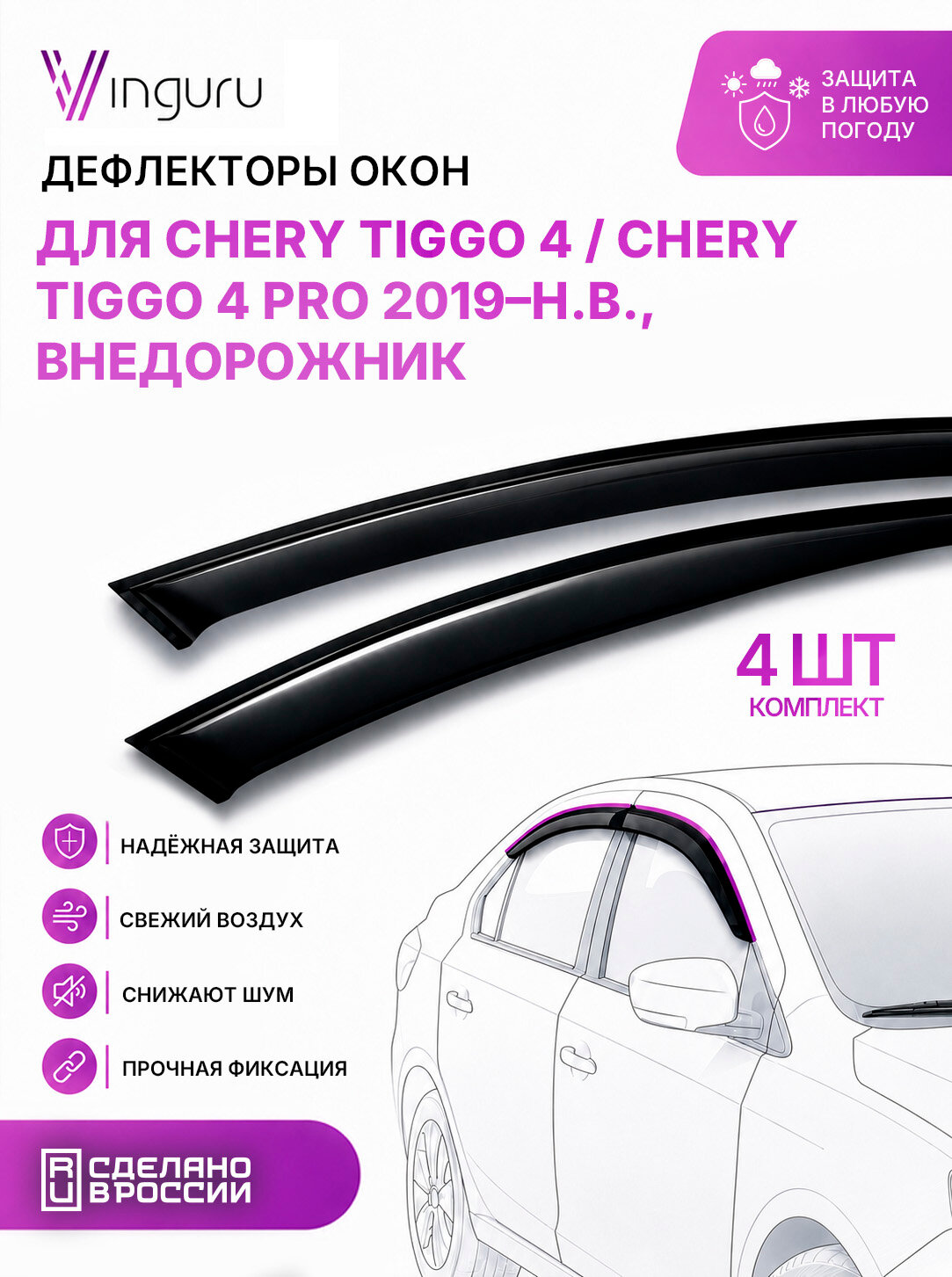 Дефлекторы окон для Chery Tiggo 4/Chery Tiggo 4 Pro 2019-н. в./ TENET T4 Внедорожник Vinguru литьевой 4 шт. / Черри Тигго 4 Про