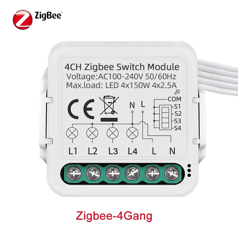 Zigbee 4Gang 4-х канальный выключатель с N