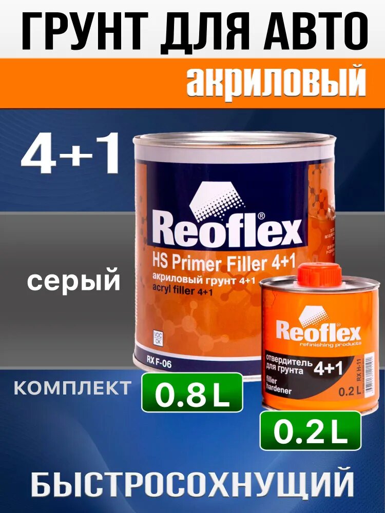 Грунт Reoflex 4+1 серый (0,8л) + отвердитель (0,2л) акриловый для авто