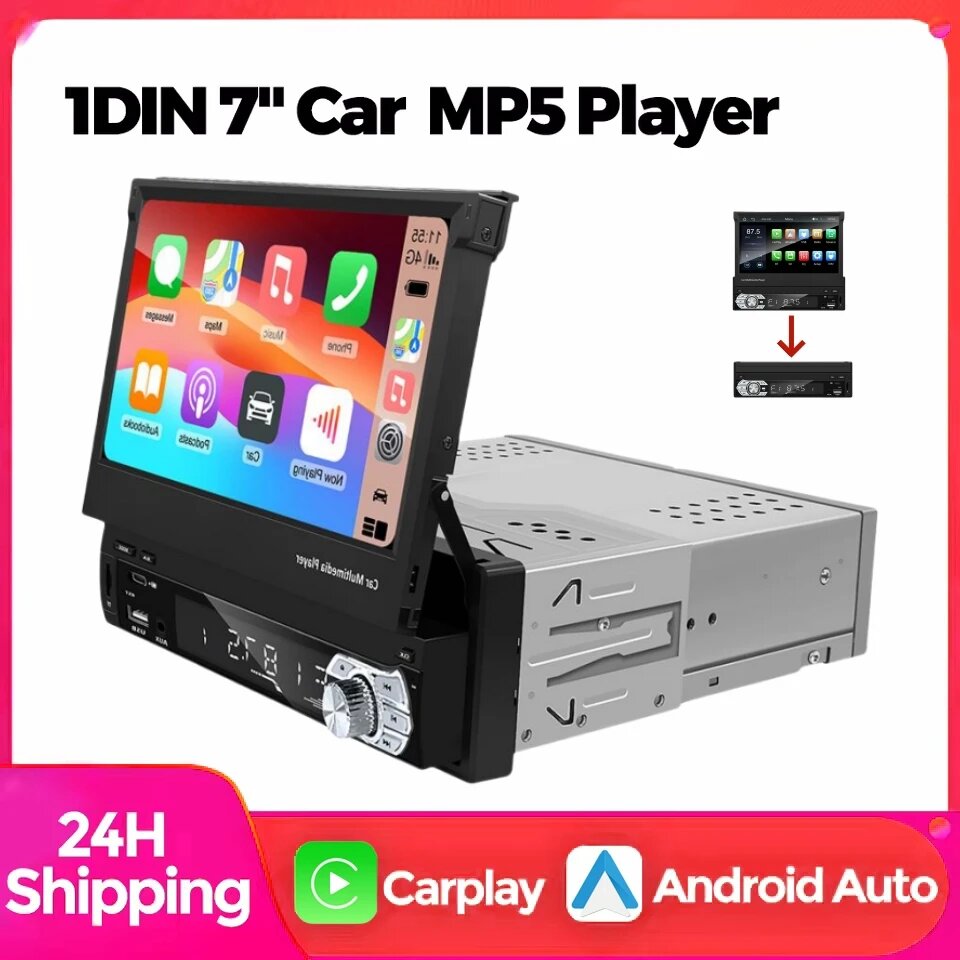 Универсальная 7-дюймовая 1-DIN Автомагнитола С Выдвижным Экраном, Android Auto, CarPlay, Мультимедийный Видеоплеер