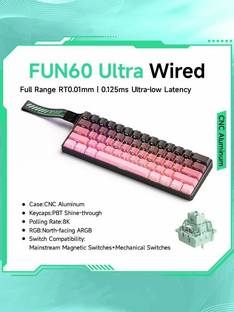 AKKO Игровая клавиатура проводная AKKO MonsGeek FUN60 Ultra одинарная 8K SP «Розовая Дымка» проводная магнитная клавиатура RGB 61 клавиша US чисто магнитные переключатели, (Akko Glare Magnetic), Английская раскладка, розовый, темно-серый