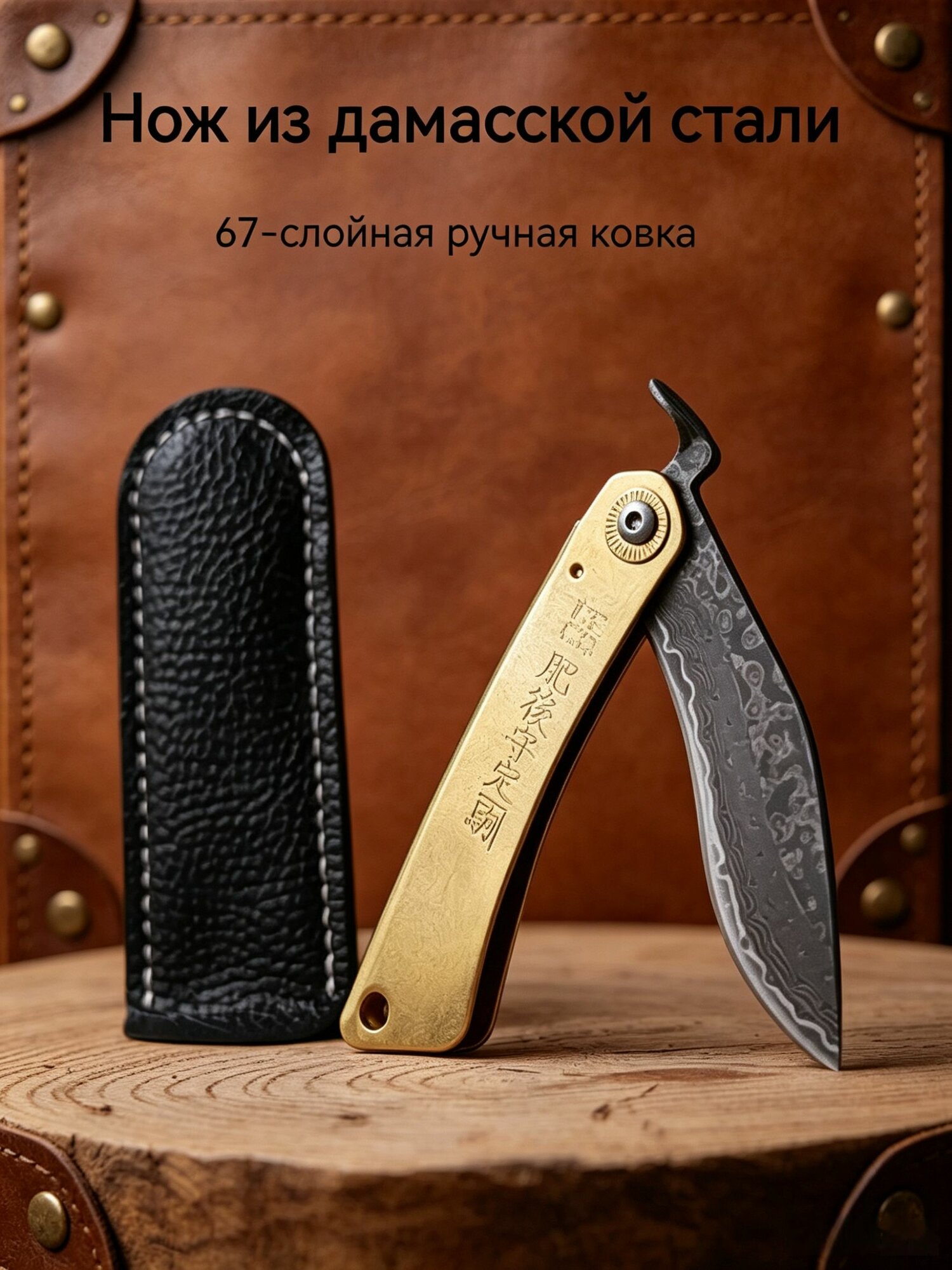 Складной нож из дамасской стали: ручная ковка, латунная рукоятка, 67-слойный кованый узор