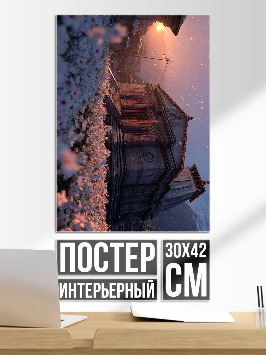 Плакат постер Зимний домик в цветах