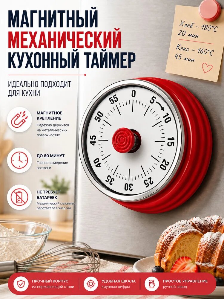Механический кухонный таймер с магнитным креплением, до 60 минут, красный