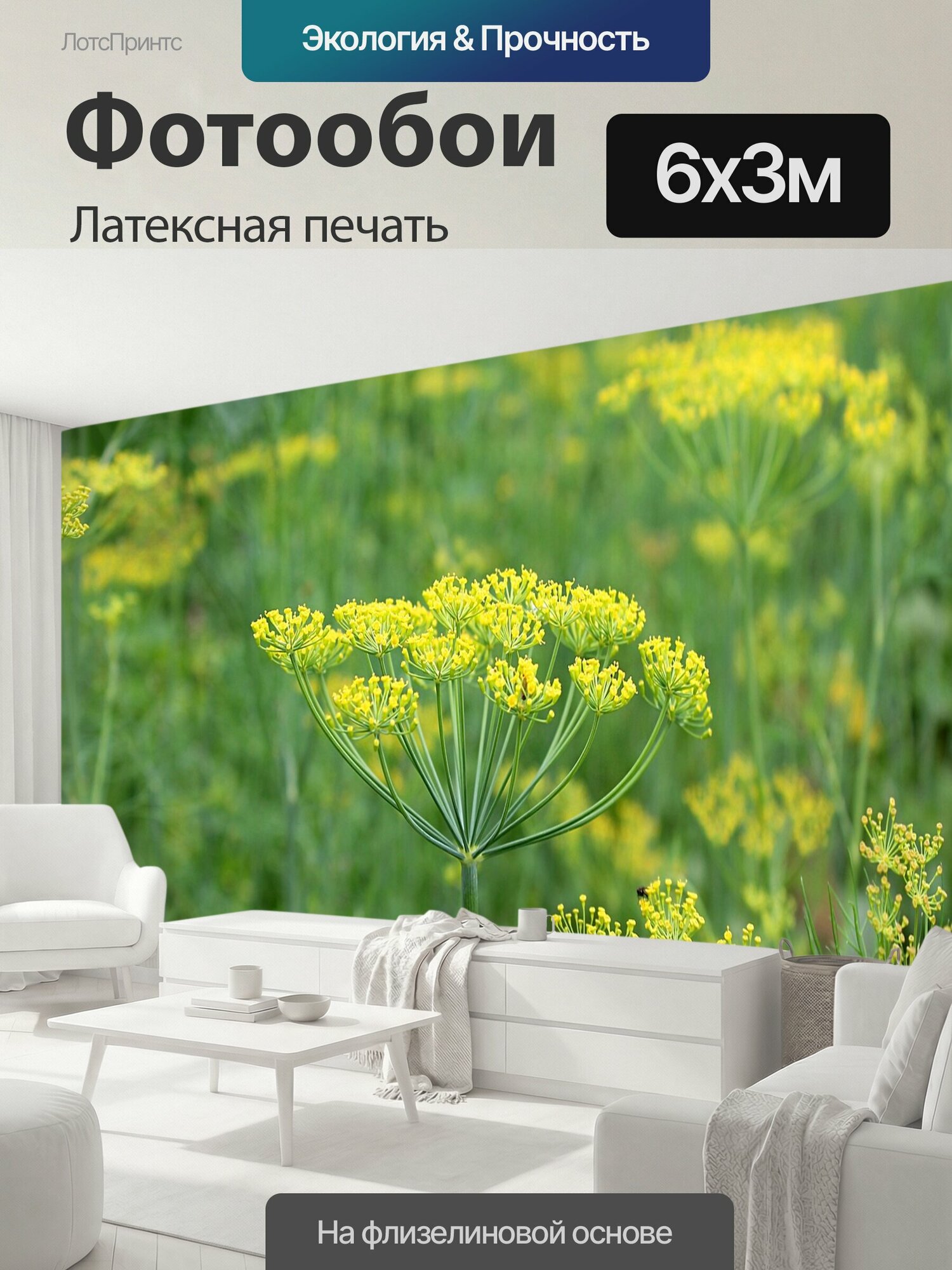 Фотообои моющиеся ударопрочные "Укроп, зонтик укропа, цветы укропа" 600x300 см. латексная печать