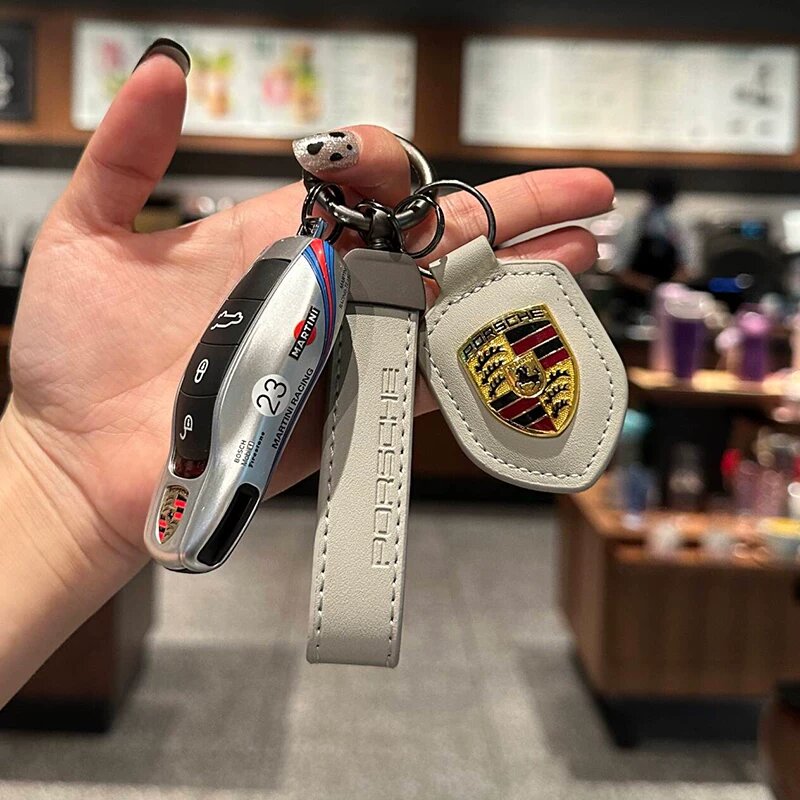 Ключевой брелок Porsche Mantini стиль одиночный чехол с серым щитом и кожаным замком для Macan, 718, Panamera, 911,