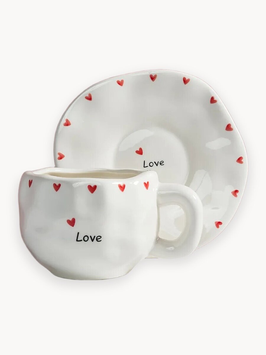 Чайная пара DB HOMME "Сердце", из керамики, белая, красная, ручная работа