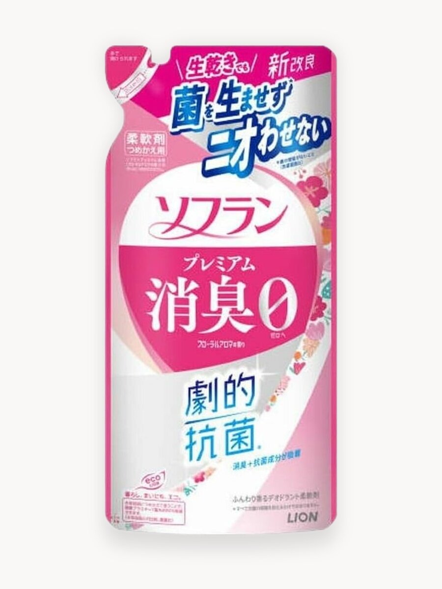 Lion Кондиционер для белья SOFLAN с мощным антибактериальным эффектом для защиты от неприятного запаха, Premium Deodorizer 323 - натуральный аромат цветов, 380 мл