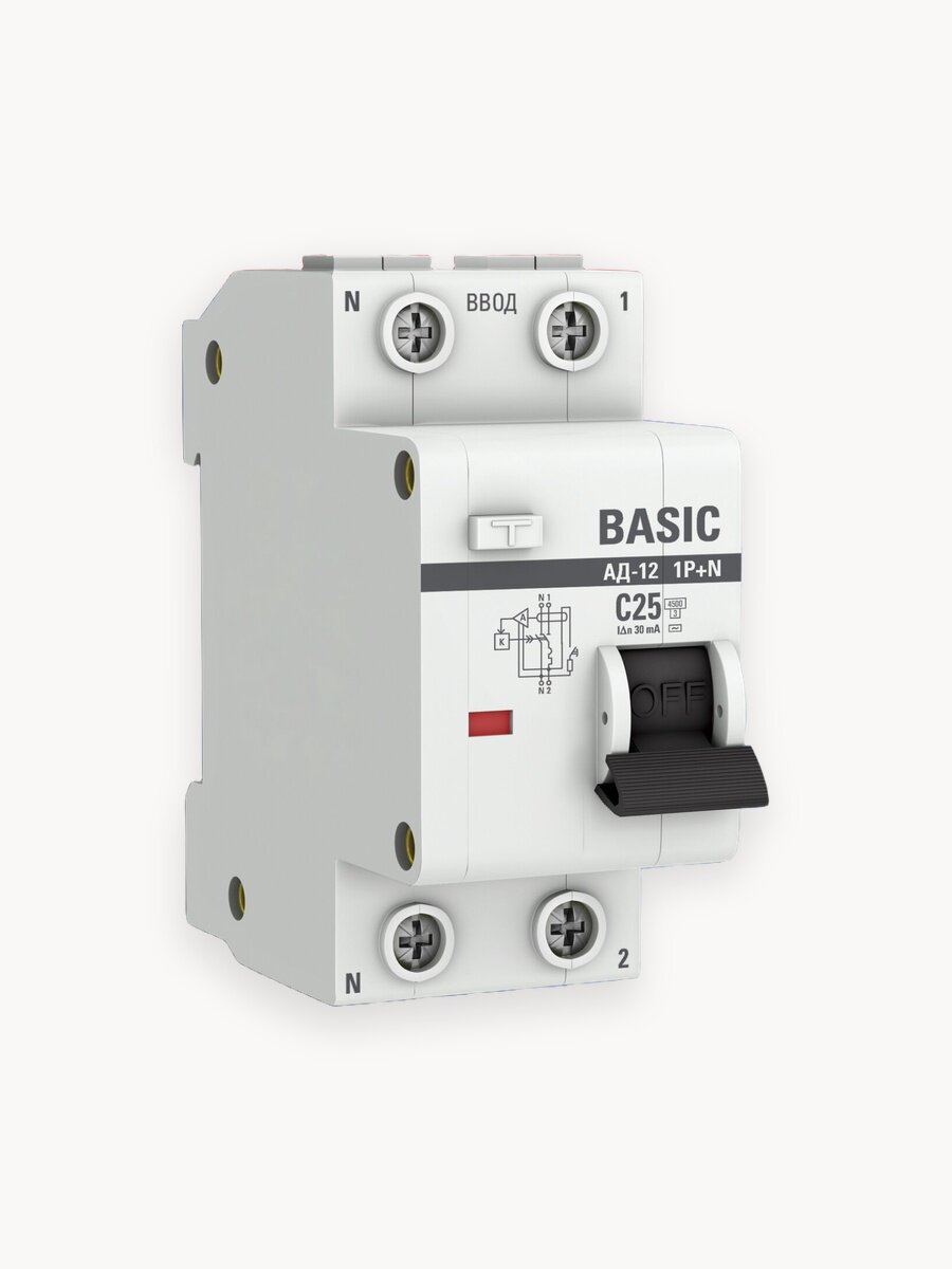 Автоматический выключатель дифференциального тока EKF Basic 1P+N 25А 30мА тип АС х-ка C эл. 4,5кА АД-12