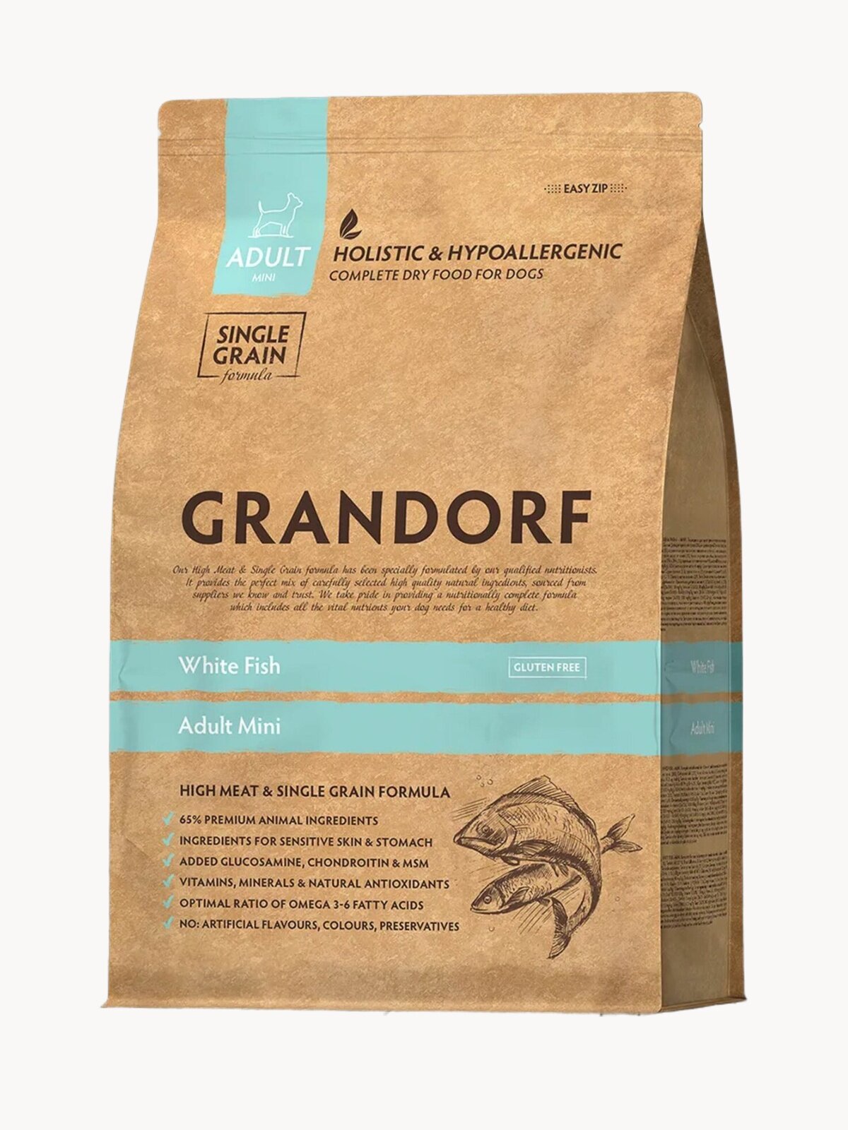 Сухой корм Grandorf Белая рыба мини 1кг, для взрослых собак мелких пород от 1 года.