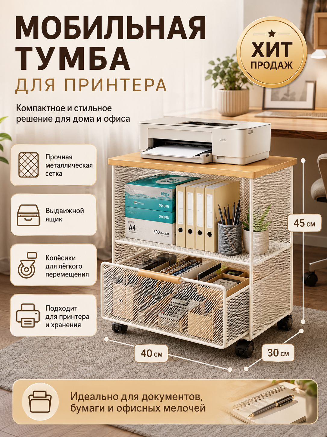 Тумба на колесиках 40х30х45 см офисная этажерка из дерева для принтера, бумаги и системного блока