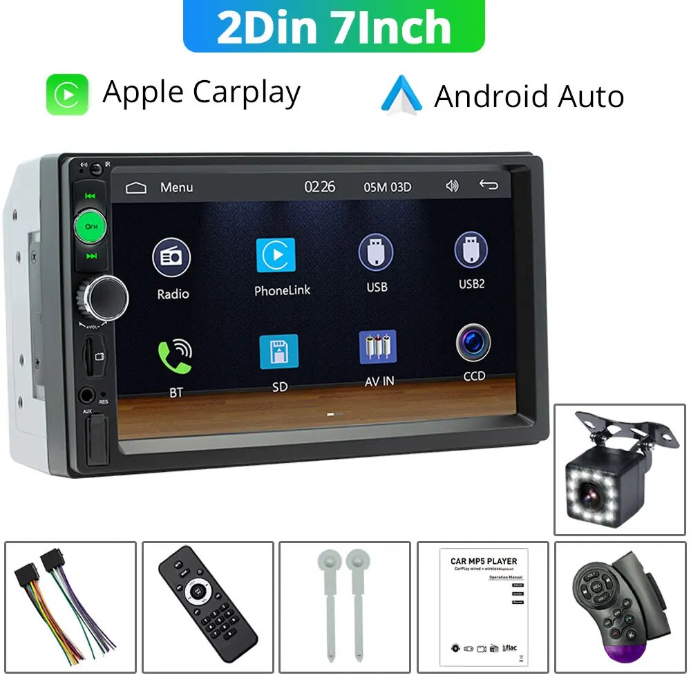 Автомобильный радиоприемник 1Din, Bluetooth MP5, 7-дюймовый сенсорный экран с Apple Carplay, Android Auto, 2 Din, мультимедийные плееры, USB 60 Вт * 4 2Din Set With SWCCAM