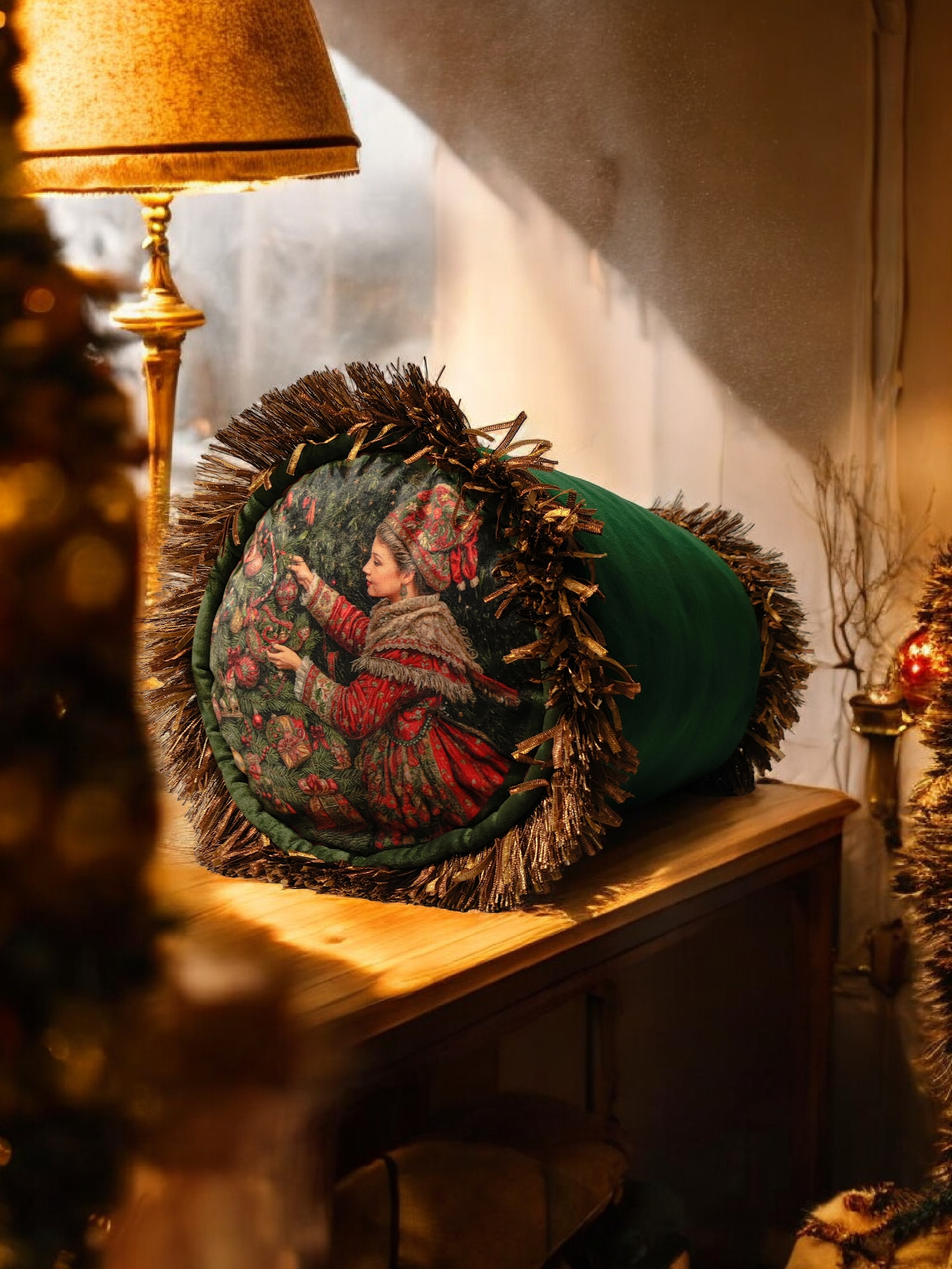 Подушка валик новогодняя, винтажный стиль, эксклюзивный подарок 2026, декор для дома новогодний, ручная работа