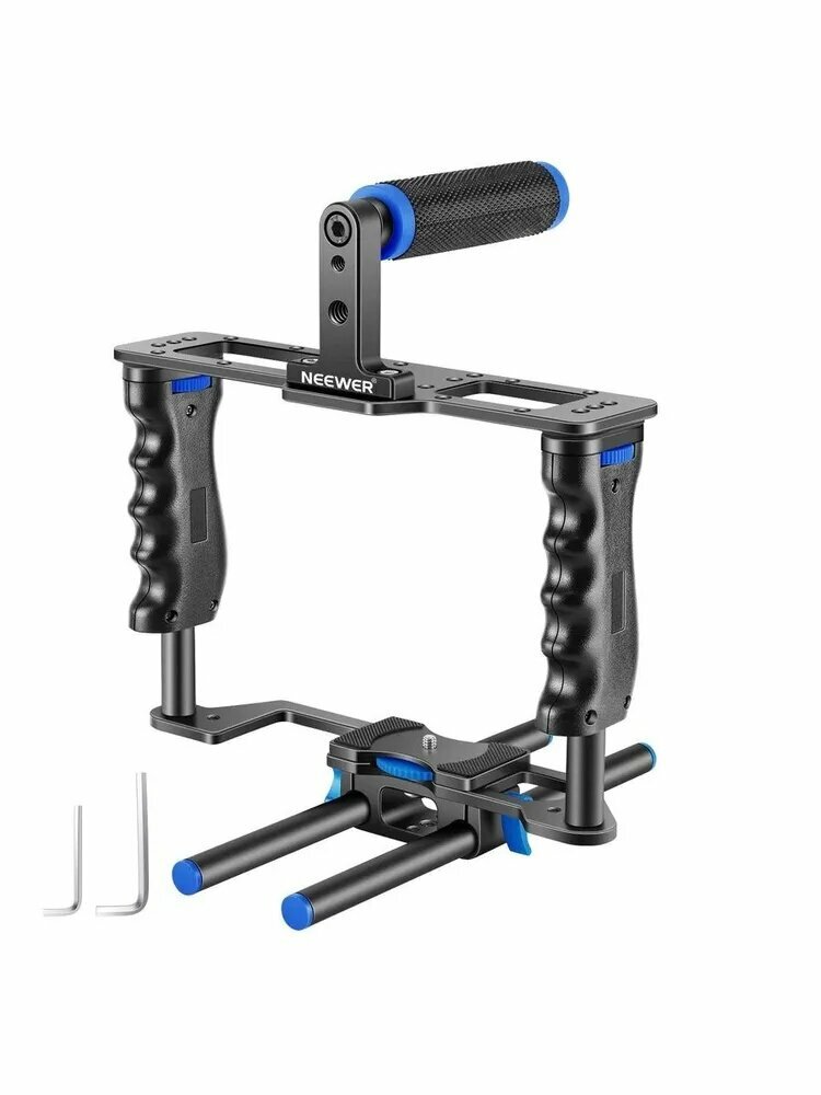 NEEWER Видеокейдж алюминиевый сплав с верхней ручкой, двойной рукояткой, двумя 15-мм штангами, совместим с зеркальными фотоаппаратами и видеокамерами Canon, Sony, Fujifilm, Nikon