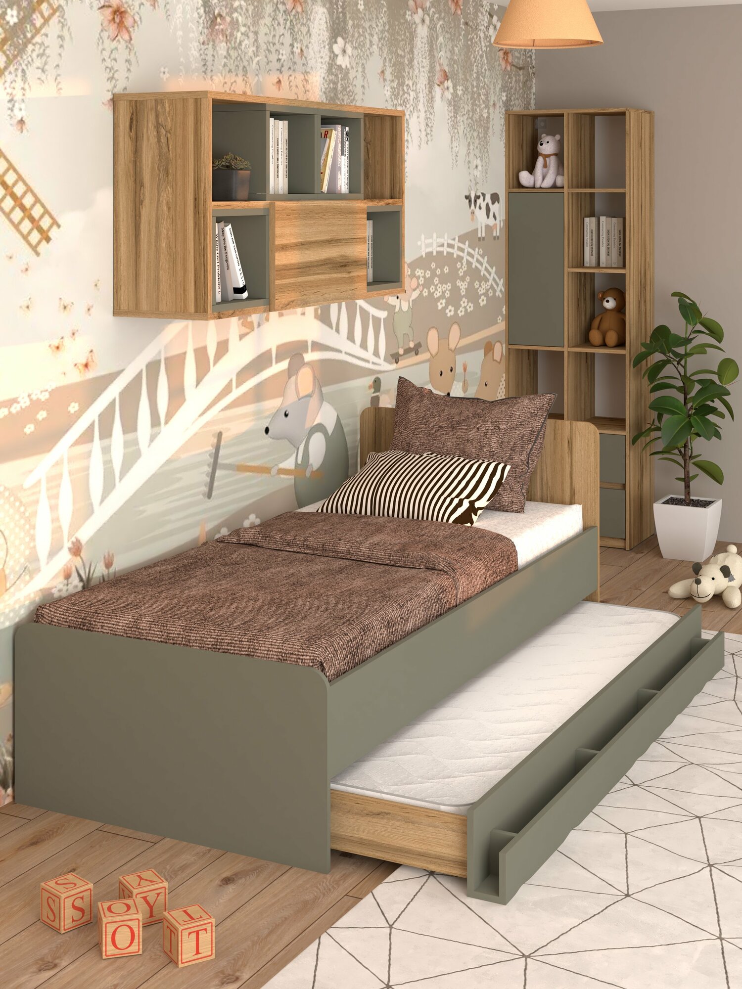 Есэндвич Grand Лаворо Кровать 90х200 с дополнительным спальным местом (Дуб вотан/Хаки) 203х93х80 см