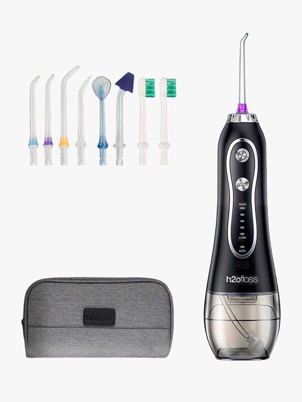 Ирригатор для зубов и дёсен портативный H2OFLOss, 8 насадок, чёрный
