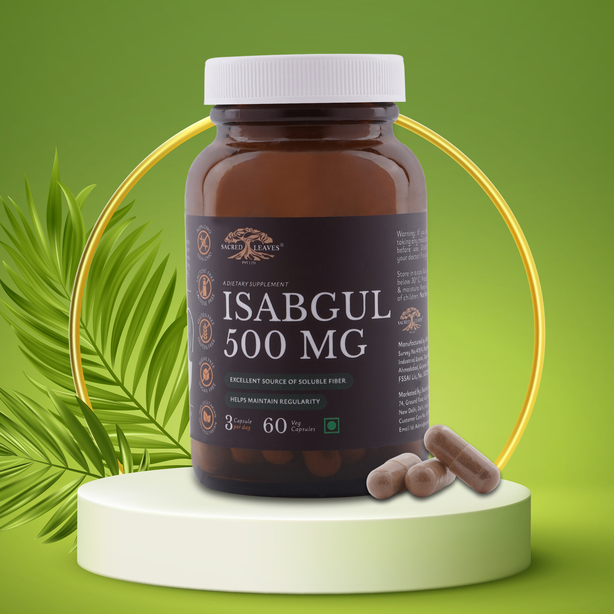 Псиллиум 500 мг для пищеварения и ЖКТ, 60 капсул/Sacred Leaves Isabgul