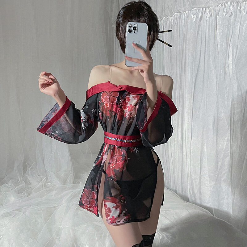 Сексуальное нижнее белье в японском стиле, прозрачный кардиган, комплект униформы, халат, открытый перед, страстное и горячее, снимать не нужно 2435. Черно-красное платье с открытыми плечами + стринги + пояс с бантом
