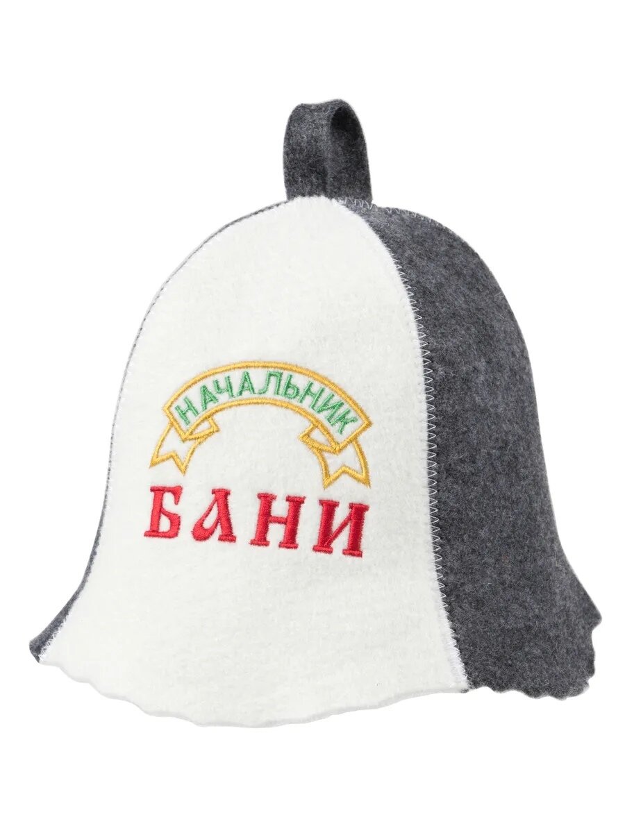 Шапка для бани "Начальник бани". Шапка банная с крючком комбинированная , бело-серая
