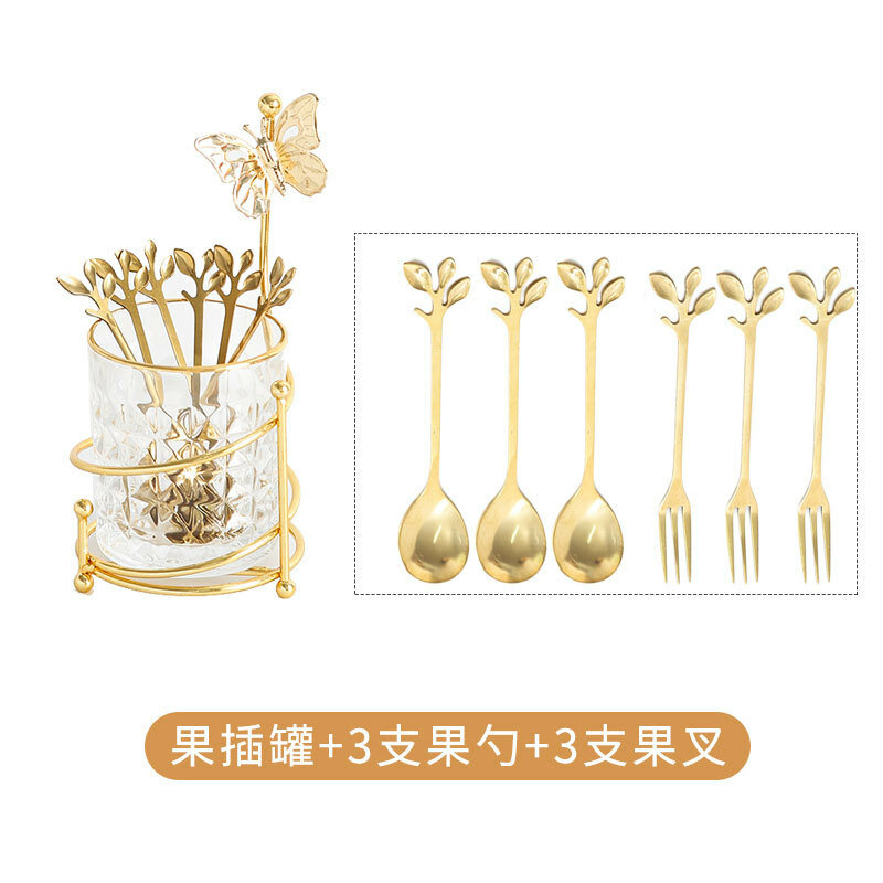 Модная вилка и маленькая ложка, вилка для фруктов с золотым листом, банка для хранения, креативная десертная вилка для домашнего использования, милая вилка для торта.
