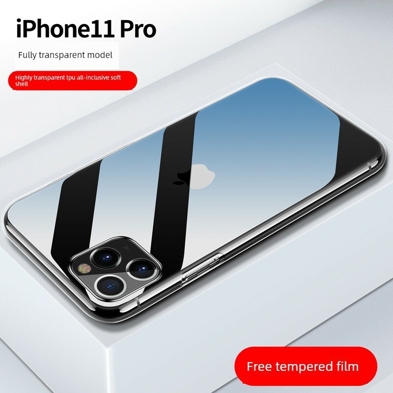 Чехол для iPhone 11 Pro прозрачный силиконовый с большими отверстиями для объектива и закаленным стеклом для экрана