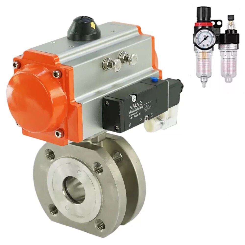 Кран шаровой DN.ru КШмФП.316.200 Ду40 Ру16, межфланцевый, полнопроходной, корпус - нержавеющая сталь 316, уплотнение - PTFE, с пневмоприводом DA-065 двойного действия, пневмораспределителем PND1-S2EM-52-2-T10-220VAC, с БПВ APU1-10-40-V08