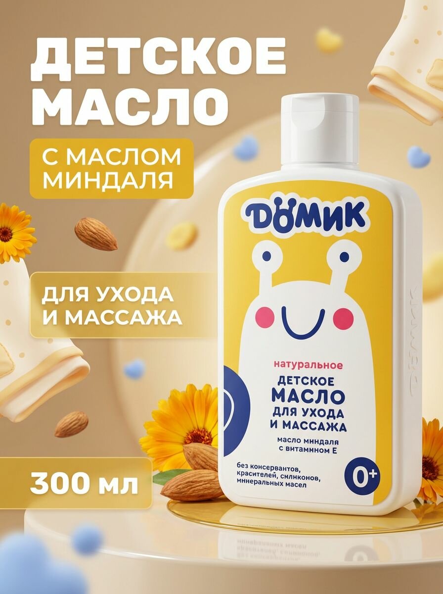 Детское масло для ухода и массажа 0+ с маслом миндаля и витамином Е натуральное, 300 мл