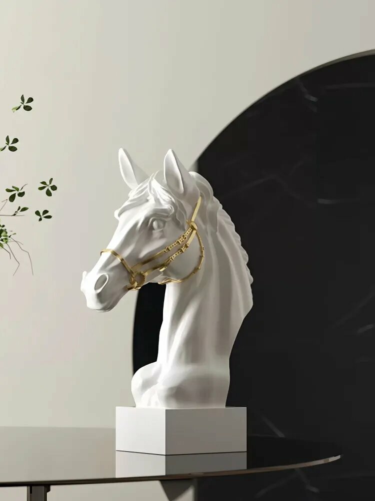 Художественная скульптура головы лошади, высота 30 см, белая