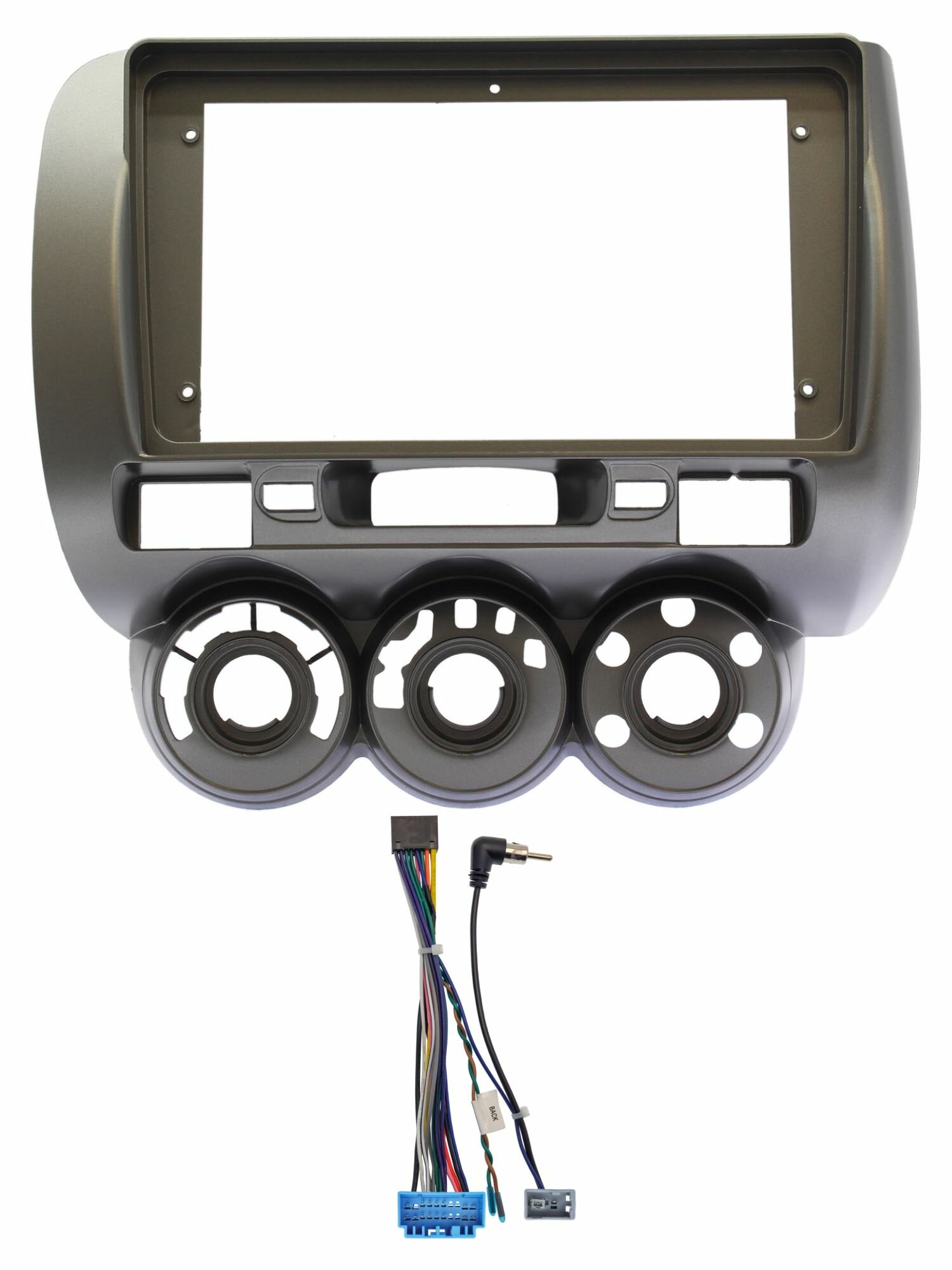 Рамка переходная Honda Fit, Jazz 2001 - 2007 авто с мех. печью левый руль + проводка для 9" магнитолы / Wide Media