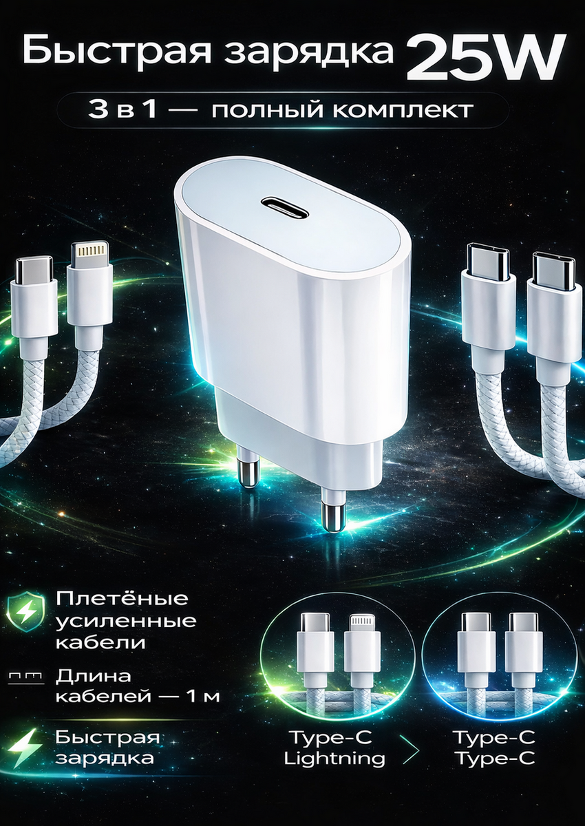Комплект быстрой зарядки 25W для iPhone 11–17: блок питания+2 плетёных кабеля Type-C / Lightning и Type-C / Type-C, 1 м