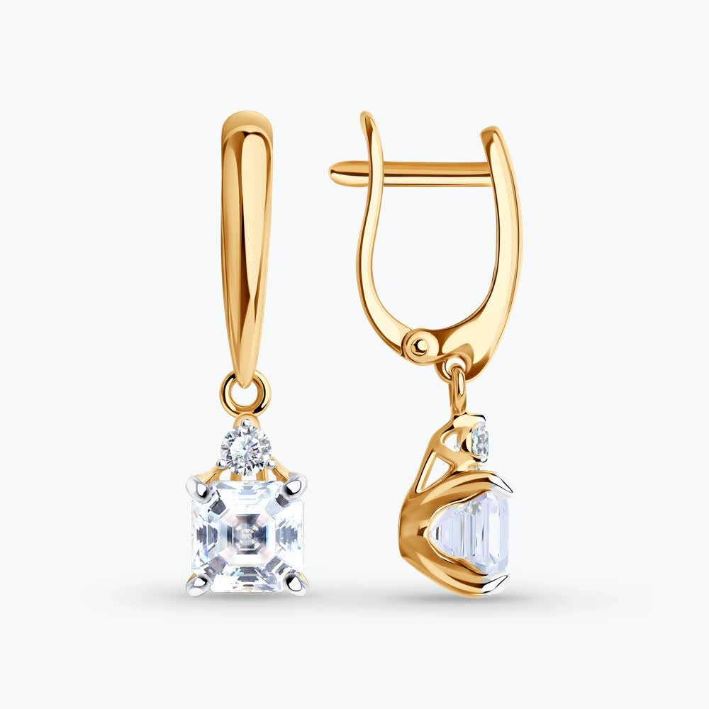 Серьги с подвесками, серебро, 925 проба, золочение, фианит