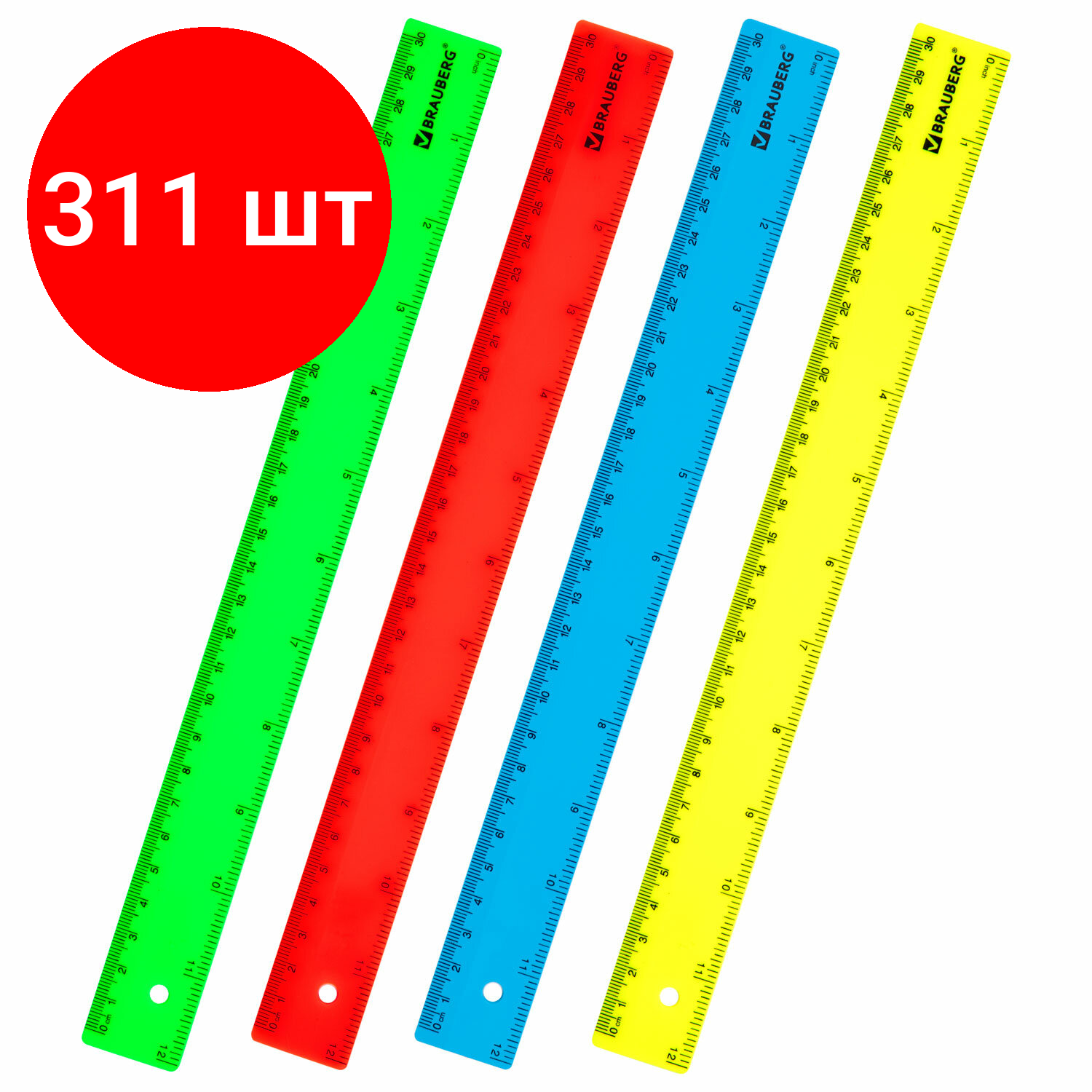 Комплект 311 шт, Линейка пластиковая 30 см, BRAUBERG, непрозрачная, неоновая, ассорти, 210839