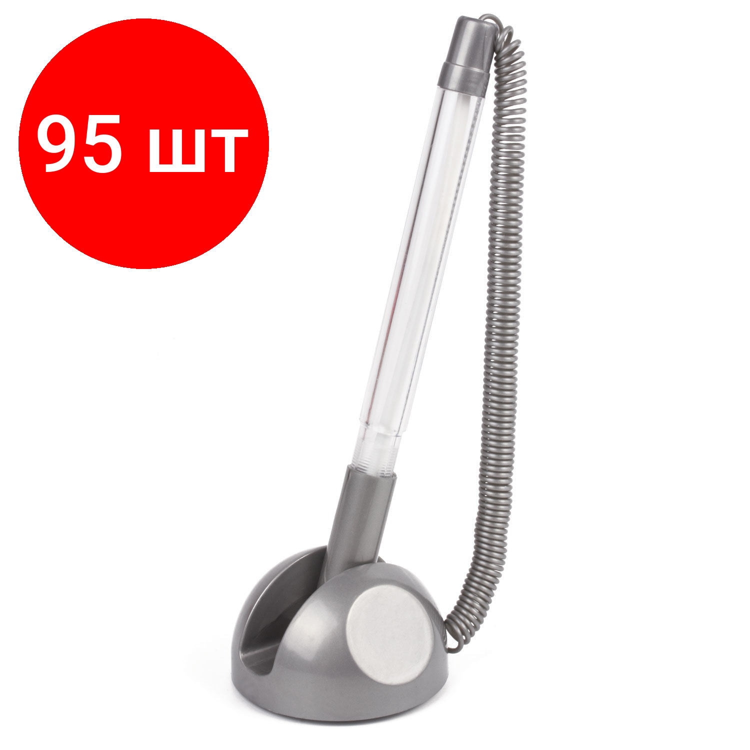 Комплект 95 шт, Ручка шариковая настольная BRAUBERG "Стенд-Пен", синяя, пружинка, корпус серебристый, линия письма 0.5 мм, 142164