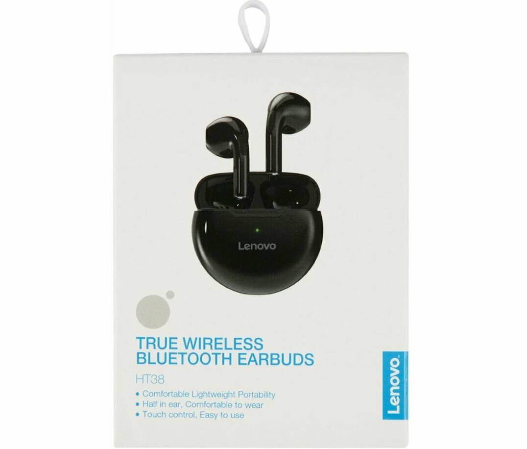 Наушники беспроводные Lenovo HT38, TWS, вкладыши, микрофон, BT 5.0, 250 мАч, черные