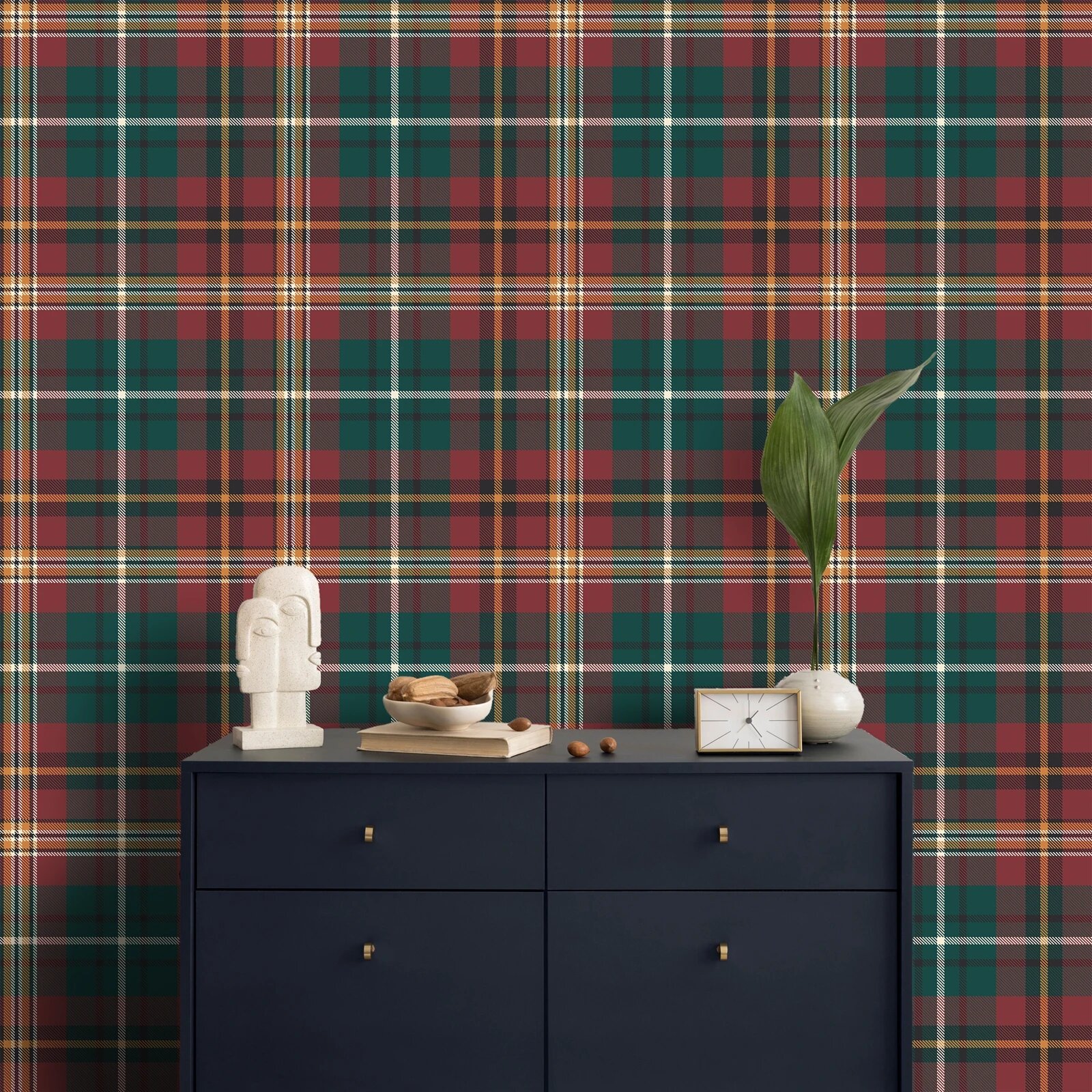 Винтажные древесноволокнистые обои Eovna, шотландская клетка, красная зелёная Tradional Non-Woven