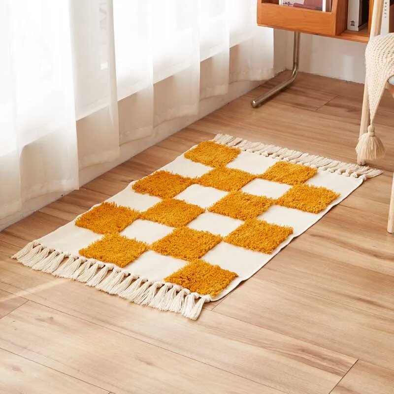 Ручной ковер из хлопка и льна, шахматный, с кисточками D