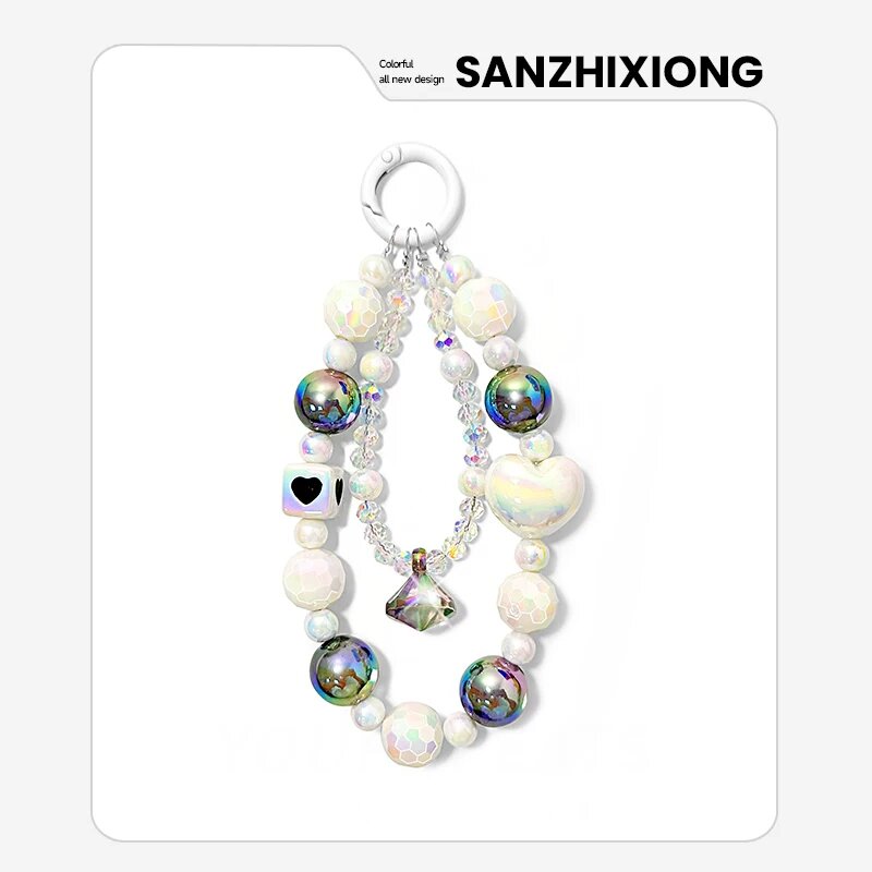 Сердце из бусин на брелок для ключей автомобиля, черный бусинный брелок, милый и стильный аксессуар с подвеской