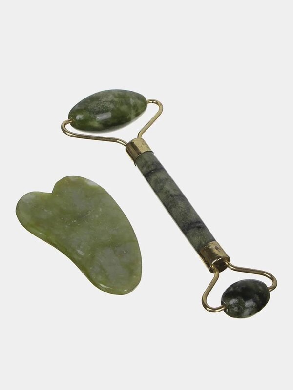 Роликовый массажер, роллер для лица из натурального камня + каменный скребок гуаша