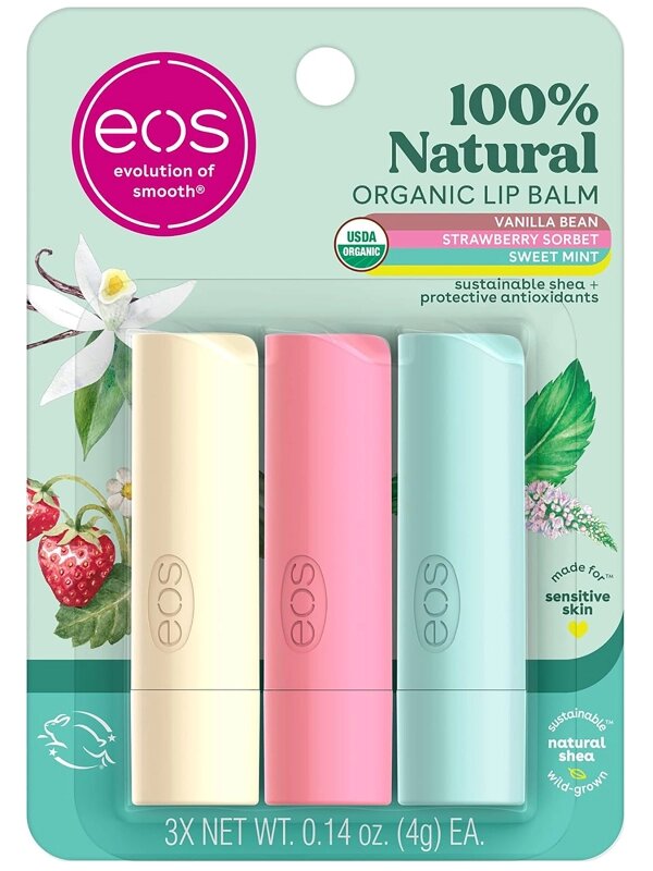 EOS набор бальзамов для губ Vanilla Bean, Sweet Mint and Strawberry Sorbet Lip Balm, 12 г