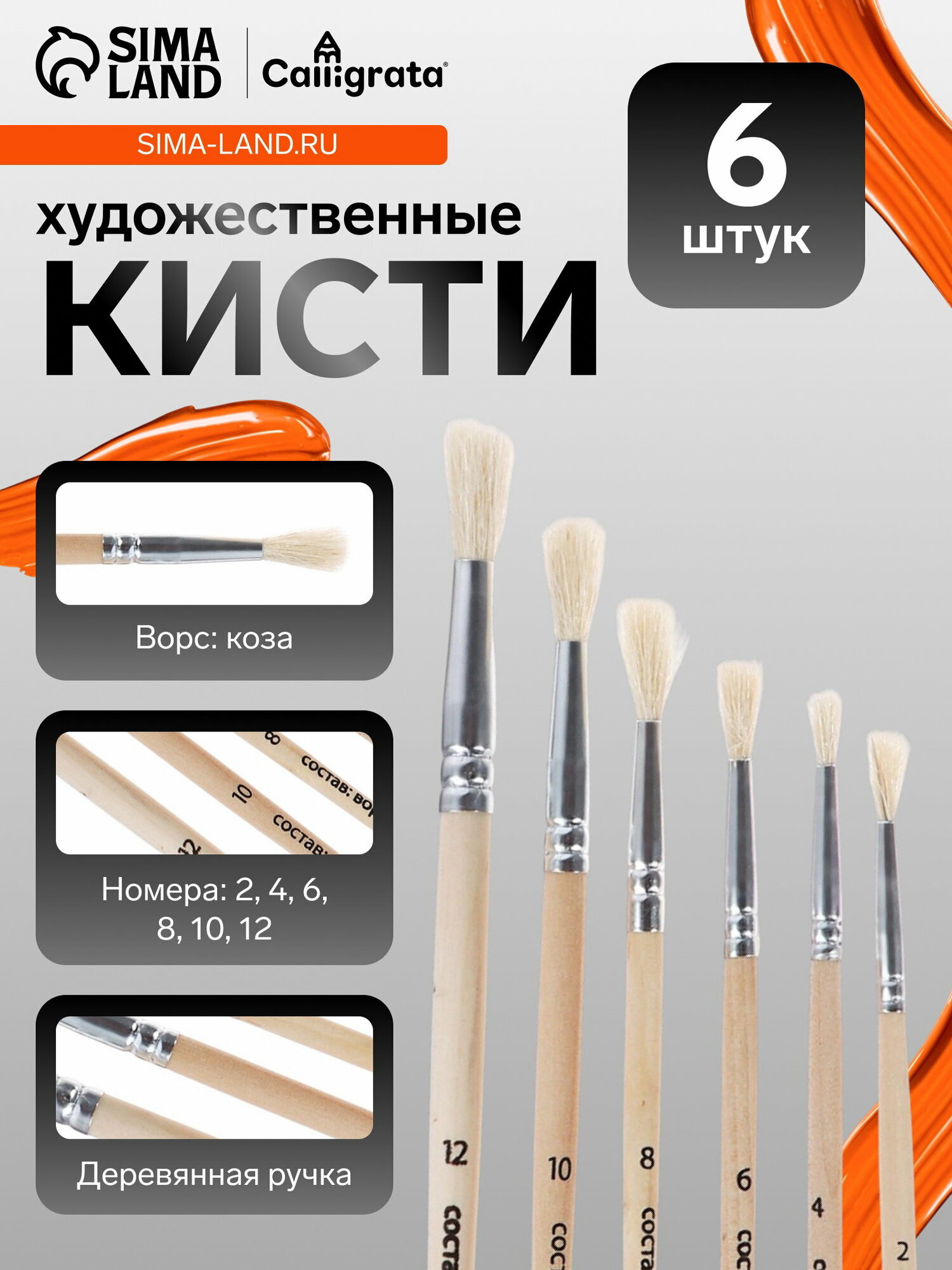Кисти для рисования, коза, 6 штук: № 2, 4, 6, 8, 10, 12, круглые, деревянная ручка, международный размер