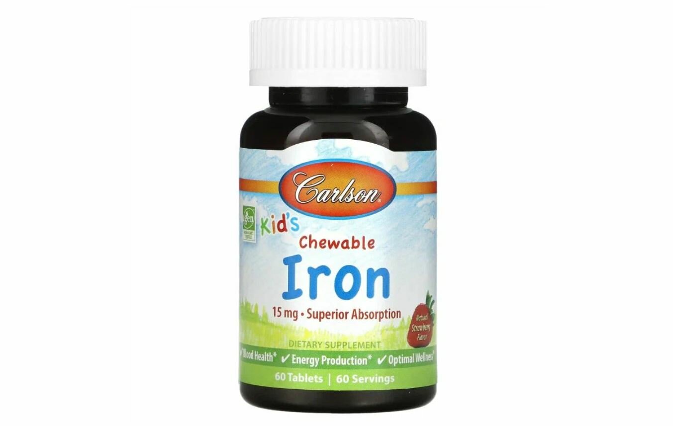 Carlson, Детские жевательные таблетки с железом, натуральный клубничный ароматизатор, 15 мг, 60 таблеток